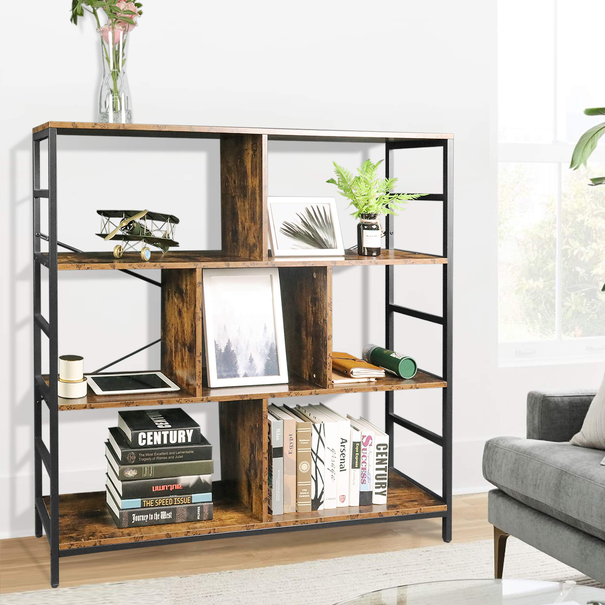 LAVIEVERT 3-Tier Square Bookcase, Standing Bookshelf Display Cabinet with 7 Open Storage Shelves Decor Furniture for Living Room, Bedroom, Home Office - Rustic Brown