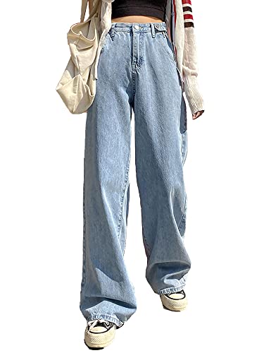 LQI Women's High Waist Baggy Boyfriend Jeans Distressed Wide Leg Denim Pants Blue