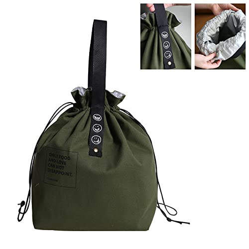 Vikuces Lunch Bag for Kids, Canvas Drawstring Large Insulated Lunch Box Cooler Tote Bags, Adult Reusable Lunch Boxes with Water Resistant for Work, School, Travel and Picnic (Green)