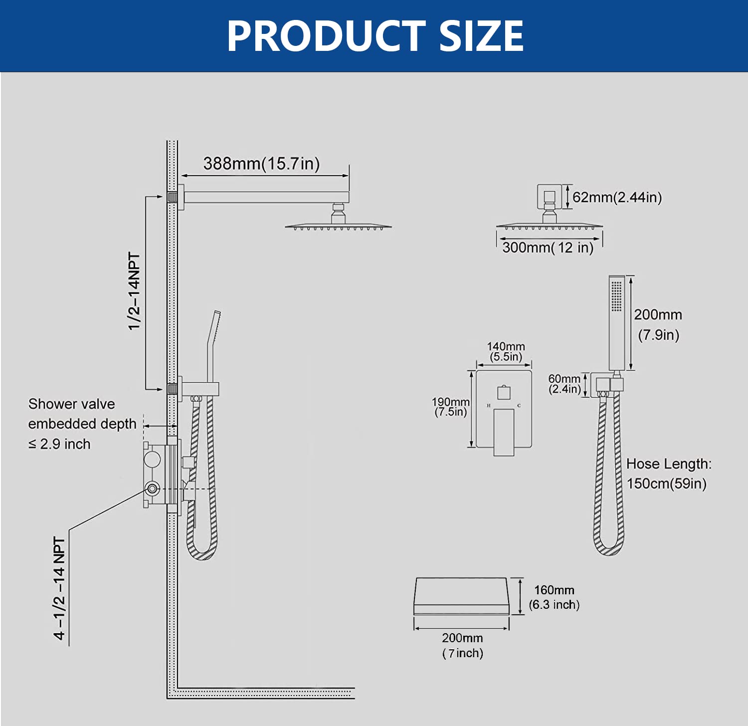 Fatspas Shower System with Tub Spout, Wall Mounted Shower Faucet Set for Bathroom with 12 Inch Rain Shower Head and Handheld Shower Head Set, Matte Black