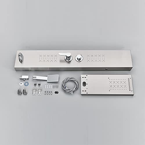 FCOTEEU Shower Panel Tower System,LED Rainfall Waterfall Shower Head LED Large Area Massage Jets Tub Spout,Stainless Steel Bathroom Shower Tower Column Brushed Nickel