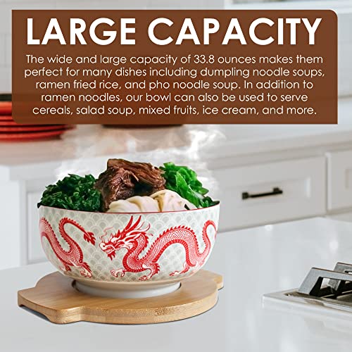 XWORLD Japanese Ceramic Ramen Noodle Bowls Set with Ceramic Spoon, Bamboo Chopsticks, Lid & Trivet, Serving Capacity of 33.8 OZ, Microwavable Oven Safety (3.3β x 6.6β D) (Red Dragon)