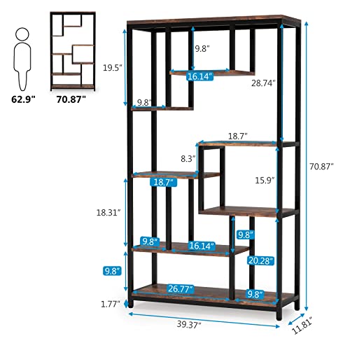 LITTLE TREE 70.8 Inches Tall Bookshelf, Industrial Bookcase for Home Office, Rustic Brown 8-Shelves Wood and Metal Frame Display Shelf Open Storage Organizer Shelves