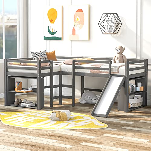 VilroCaz L-Shaped Twin Size Loft Bed with Widened Ladders and Slide, Solid Wood Loft Bed Frames with Safety Guardrail and Movable Bookshelfs for Kids, Teens, Girls & Boys (Gray)
