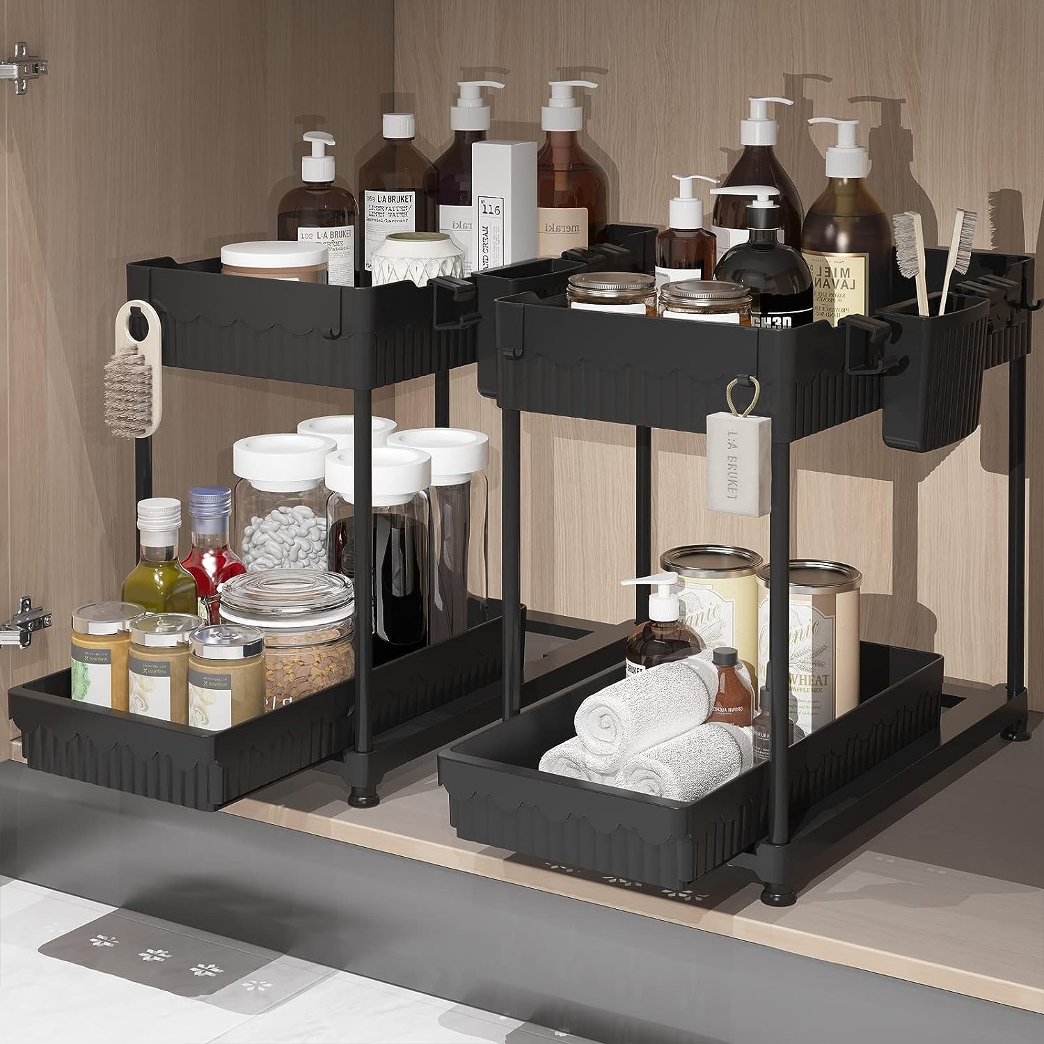 FatPnut Kitchen Under Sink Organizer, 2 Tier Slide Out Under Cabinet Organizer, 2 Pack Double Shelf Kitchen Storage, Under the Sink Organizer Bathroom (Black) SCSN-L-02