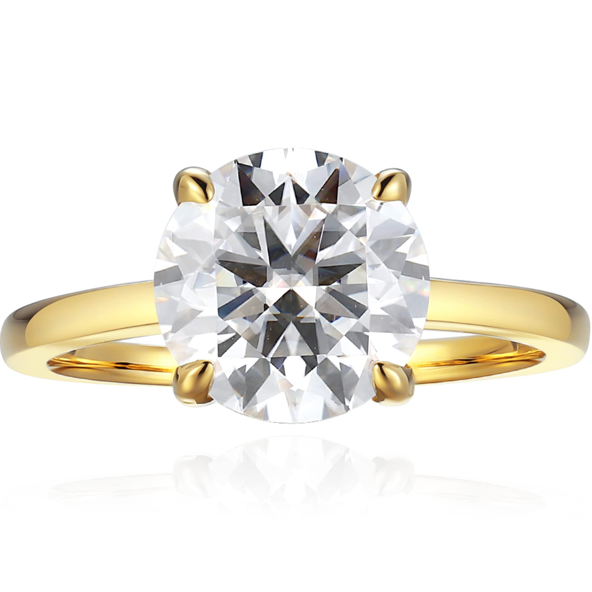 espere 3 Carat Round Moissanite Engagement Ring in 14K Yellow Gold | Round Cut Classic Solitaire Engagement Ring in Plain Band Size 7