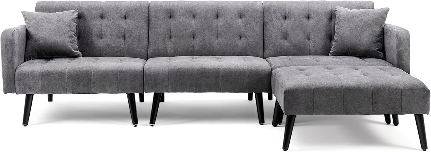 KissAir Modern Linen sectional Convertible Sofa Bed Reversible Sectional Sofa Sleeper Mid-Century Upholstered Comfy Couches for Living Room w/Chaise Lounge,Split-Back,Removable Armrests(Dark Grey)