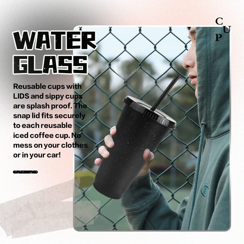 Fyess 6 Sets Tumbler with Straw and Lid,Plastic Water Bottle Travel Cup Reusable Cup (Black,24 oz)
