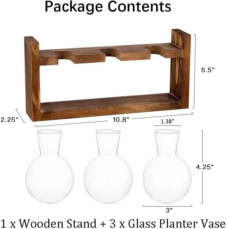 Ivolador Tabletop Propagation Station,Plants Terrarium Glass Bulb Terrarium with Retro Solid Wooden Stand for Hydroponics Plants Home Garden Wedding Décor (3 Bulbs)