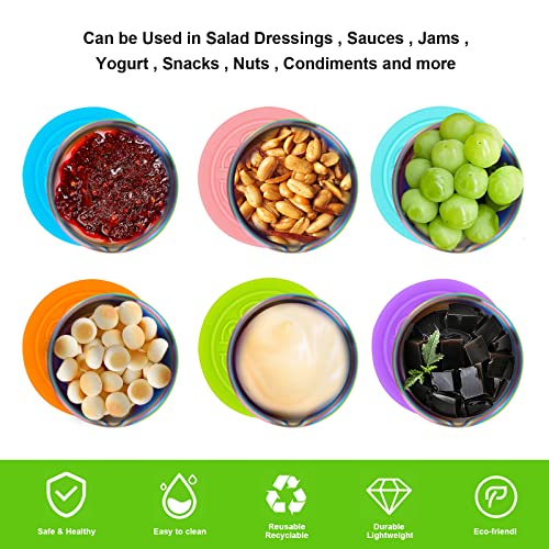 Salad Dressing Container to Go, 6x1.6 oz Reusable Small Containers with Lids, Rainbow Sauce Containers for Lunch Box, 18/8 Stainless Steel Condiment Cup, Easy Open, Leakproof Dipping Sauce Cups