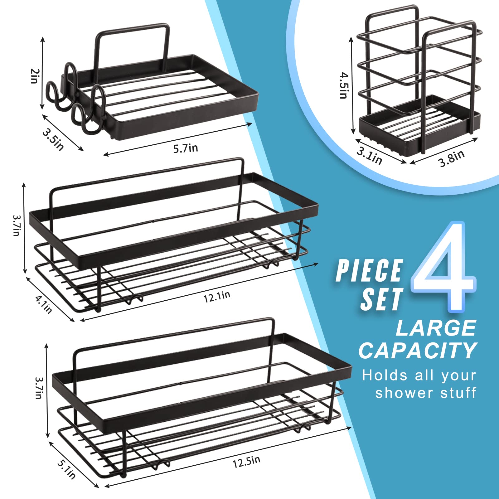 Mqafkpu Adhesive Shower Caddy, 4 Packs Shower Organizer Inside Shower No Drilling, Bathroom Organizer Rustproof Wall Mount Shower Shelves with for Bathroom & Kitchen