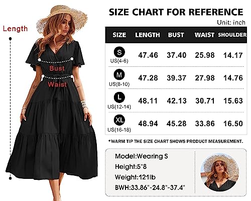 PRETTYGARDEN Summer Dresses for Women 2023 V Neck Wrap Short Sleeve Boho Midi Dress Tie Waist A Line Beach Sun Dresses (Black, Medium)