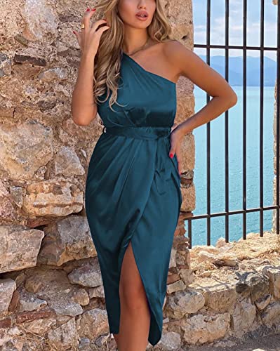 PRETTYGARDEN Women's 2023 Summer Ruched Bodycon Dress Sleeveless One Shoulder Wrap Satin Belted Cocktail Midi Dress(Dark Blue,X-Large)