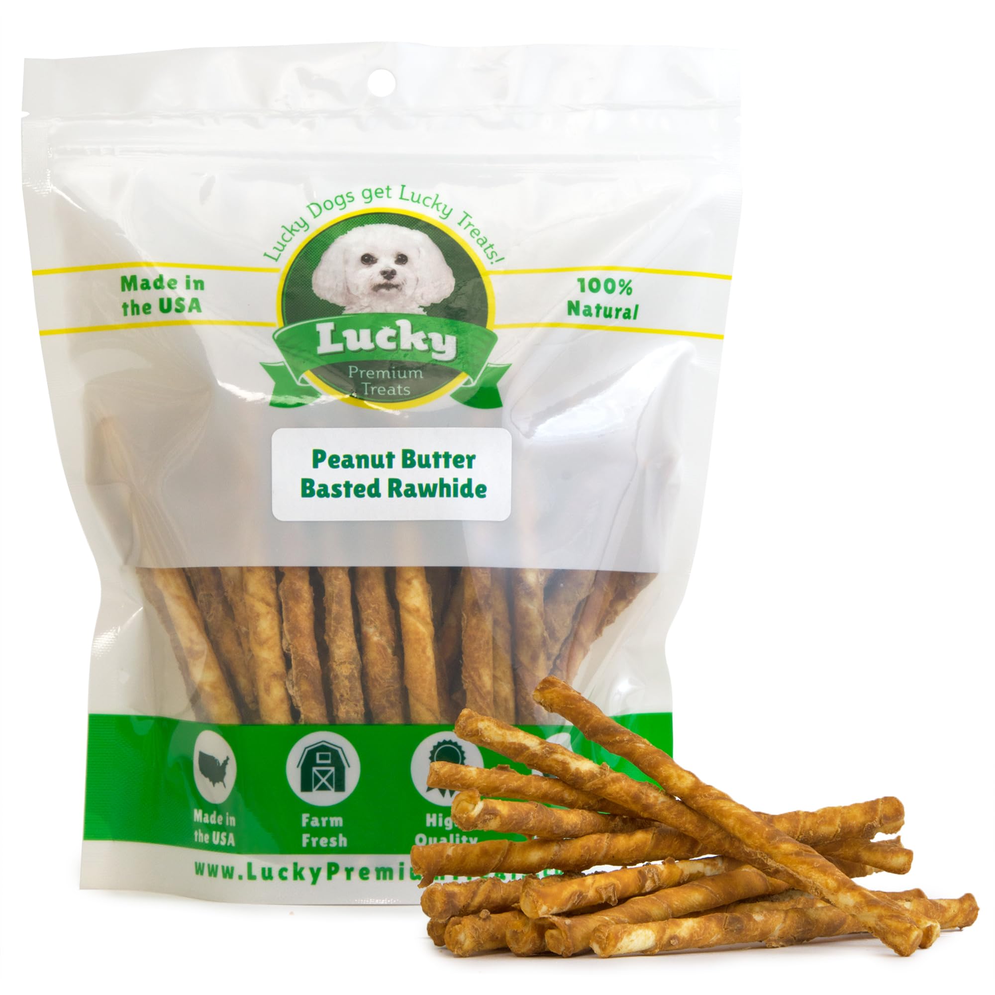 Lucky Premium Treats Peanut Butter Basted Rawhide – All-Natural Rawhide and Peanut Butter Dog Treats for Small Dogs, Gluten Free Premium Small Breed Dog Treats (25 Chews)