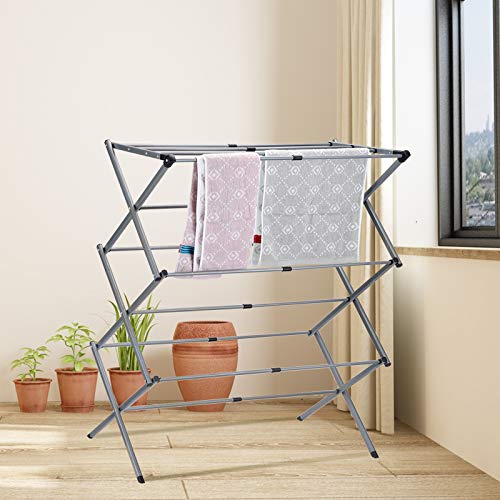 Vivianrack 3-Tier Clothes Drying Rack for Laundry, Folding Clothes Drying Rack Indoor Metal Steel Clothing Drying Dryer, Accordion Design Laundry Rack,Towel Rack(Silver Gray)