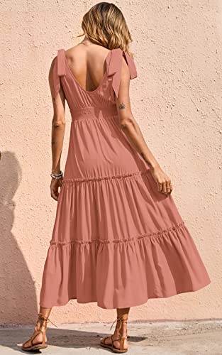 PRETTYGARDEN Women's Cross Neck Summer Sleeveless Tiered Maxi Dress Beach Tie Strap Smocked Long Dresses Pleated Sundress (Nude Pink,Medium)
