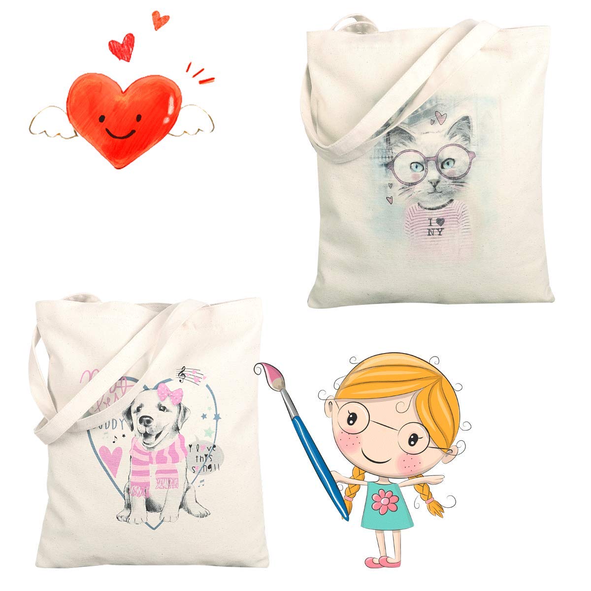 Faylapa 6 Pcs Canvas Tote Bags,Heavy Duty and Strong Easter Hunter Bag Shopping Grocery Bag Blank Cotton Bags for Decorating Crafts DIY,Painting (White, 13.6"x 15.3")