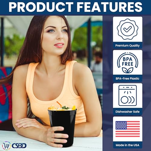 CSBD Stadium 12 oz. Plastic Cups, 10 Pack, Blank Reusable Drink Tumblers for Parties, Events, Marketing, Weddings, DIY Projects or BBQ Picnics, No BPA (Black)