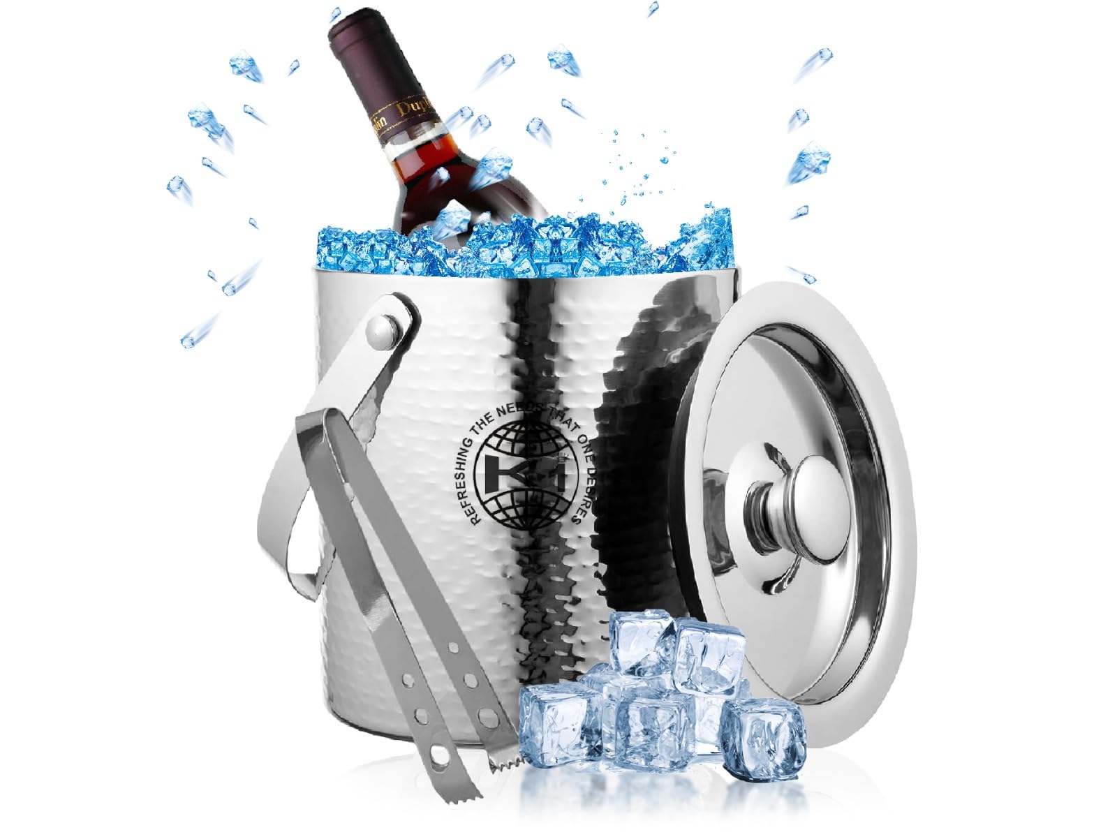 Ice Bucket With Lid, Insulated Hammered Ice Bucket for Cocktail Bar with Ice Tong, Double Walled Stainless Steel, 1.75 L, 1.84 Quarts, Ice Cold For 6 h with Handle (Silver Hammered)