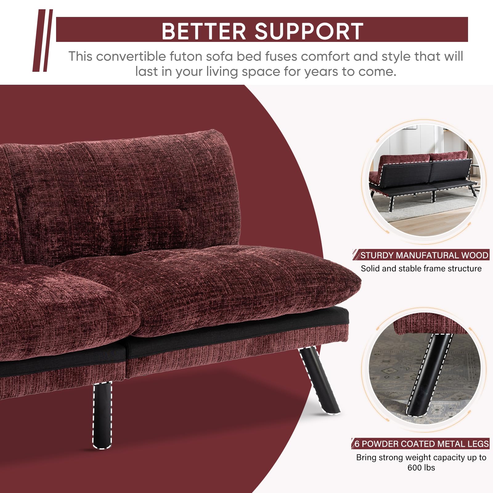Futon Sofa Bed, Convertible Sleeper Couch Memory Foam Small Splitback Loveseat for Living Room,Modern Upholstered Love Seat with Adjustable Backrest and 6 Metal Legs,Thicker Cushion Version(Burgundy)