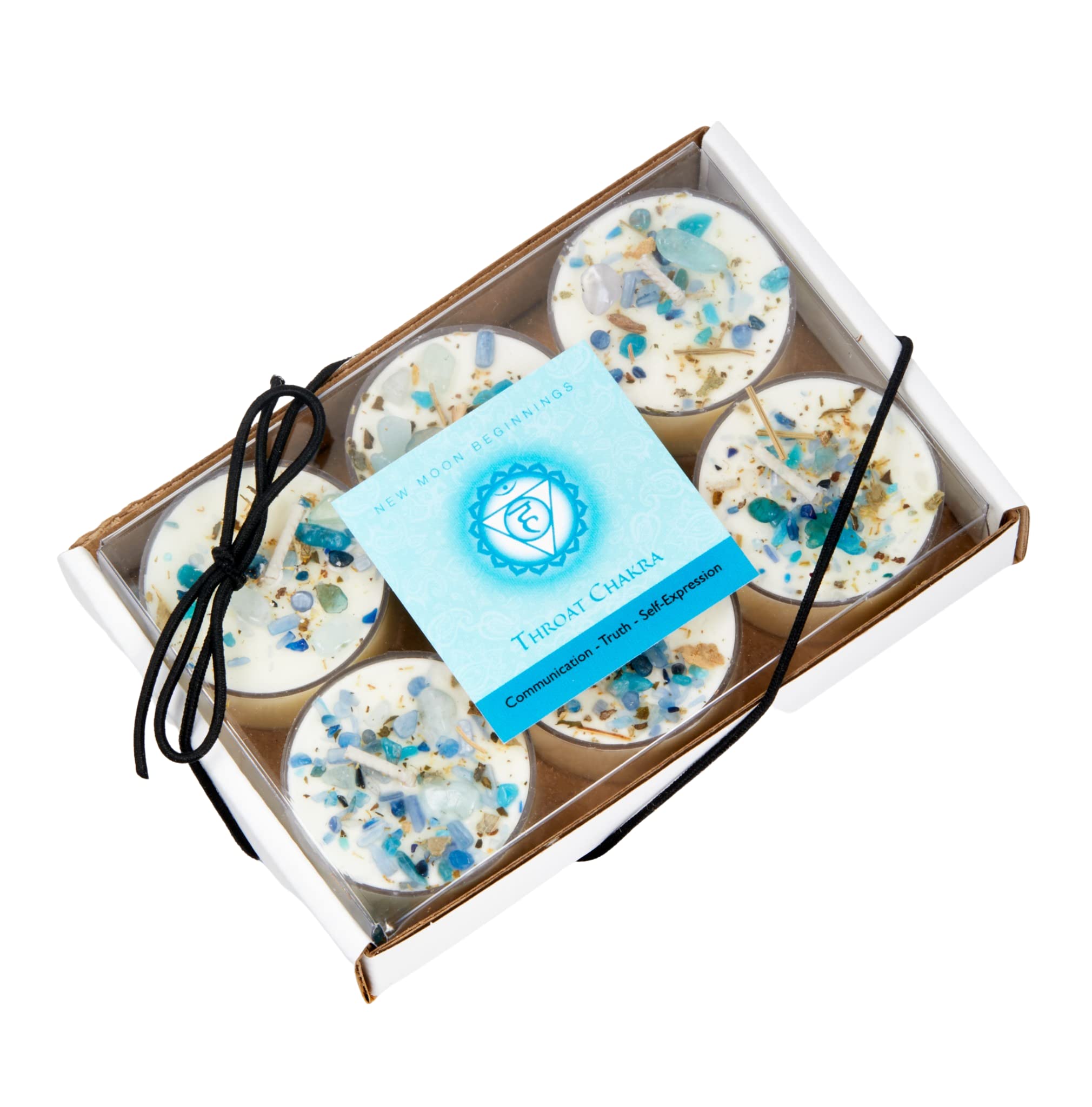 Throat Chakra Candle by New Moon Beginnings - Chakra Candles - Dried Flower, Herb, & Crystal Candles - Aromatherapy Candles - Soy Candle - Set of 6 Tealights