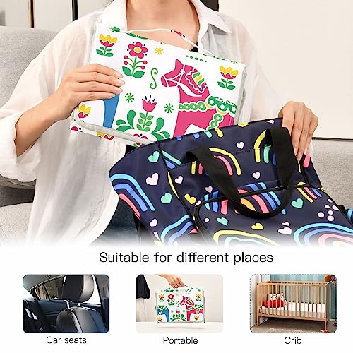 Swedish Folk Horse Portable Baby Changing Pad Travel Diaper Changing Pad Foldable Waterproof Changing Mat Station with Built-in Pillow for Newborn Essentials Gifts