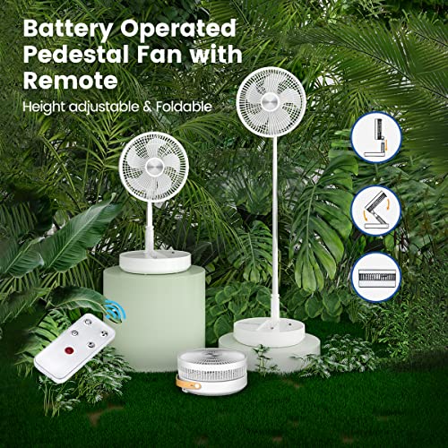 Primevolve 10 inch Oscillating Fan with Remote, Battery Operated Fan Adjustable Height, USB Rechargeable- 4 Speeds, 8H Timer Setting for Bedroom Home Office Outdoor Camping Tent Travel, White