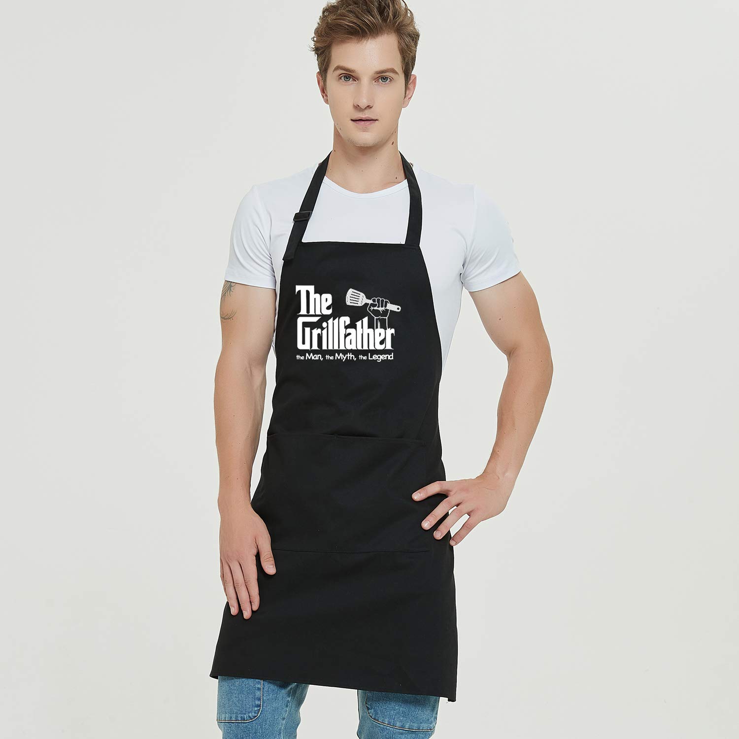 Febmeib 100% Cotton Waterproof Oil Proof Thick and Durable Chef Apron with 2 Big Pockets,Funny Apron for Men/Women,The Grillfather, Kitchen Cooking BBQ Grill, Bib Adjustable