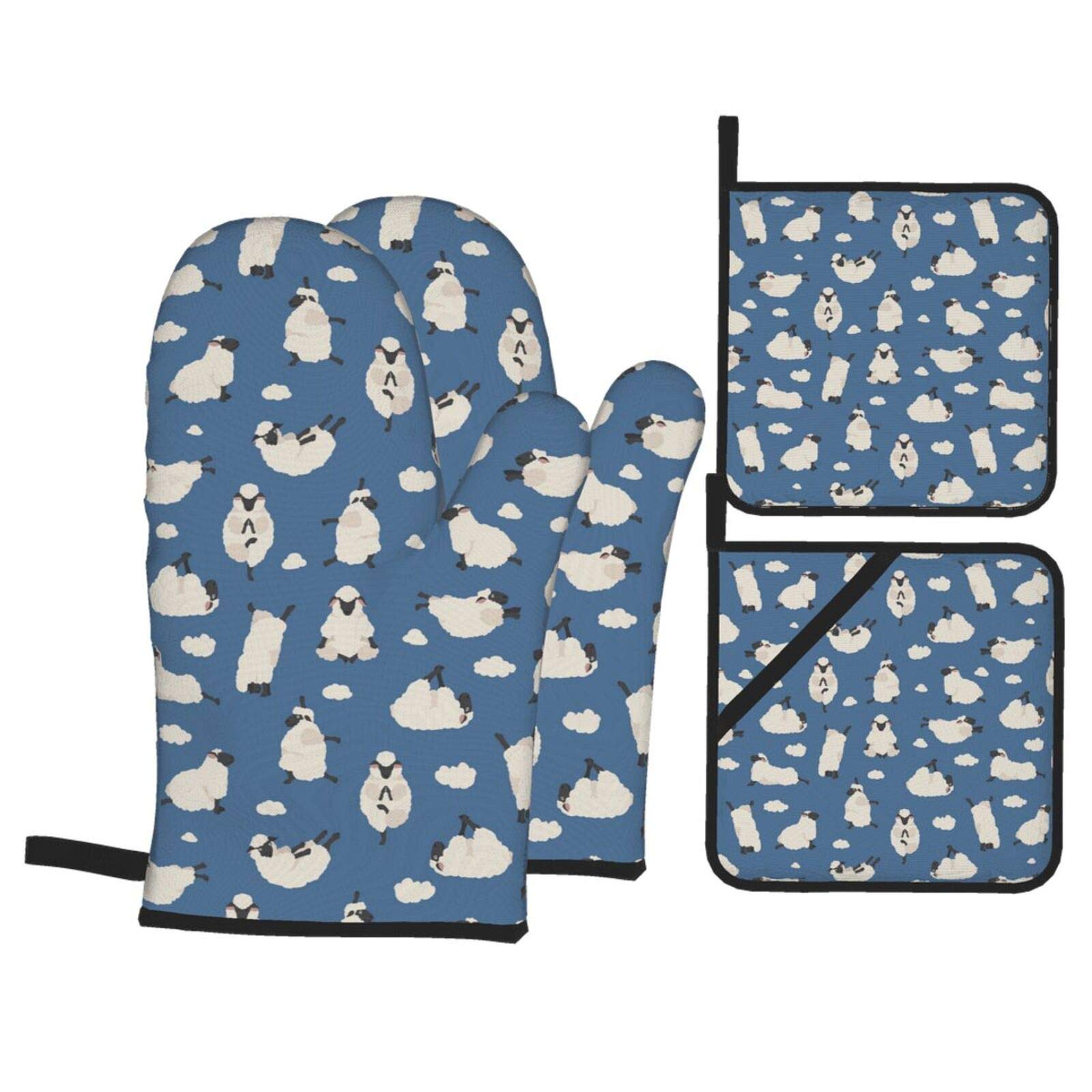 Feartdiy Oven Mitts and Pot Holders Sets of 4,Sheep Yoga Heat Resistant Kitchen Cooking Oven Gloves and Potholders for BBQ Baking Grillin, Black, One Size
