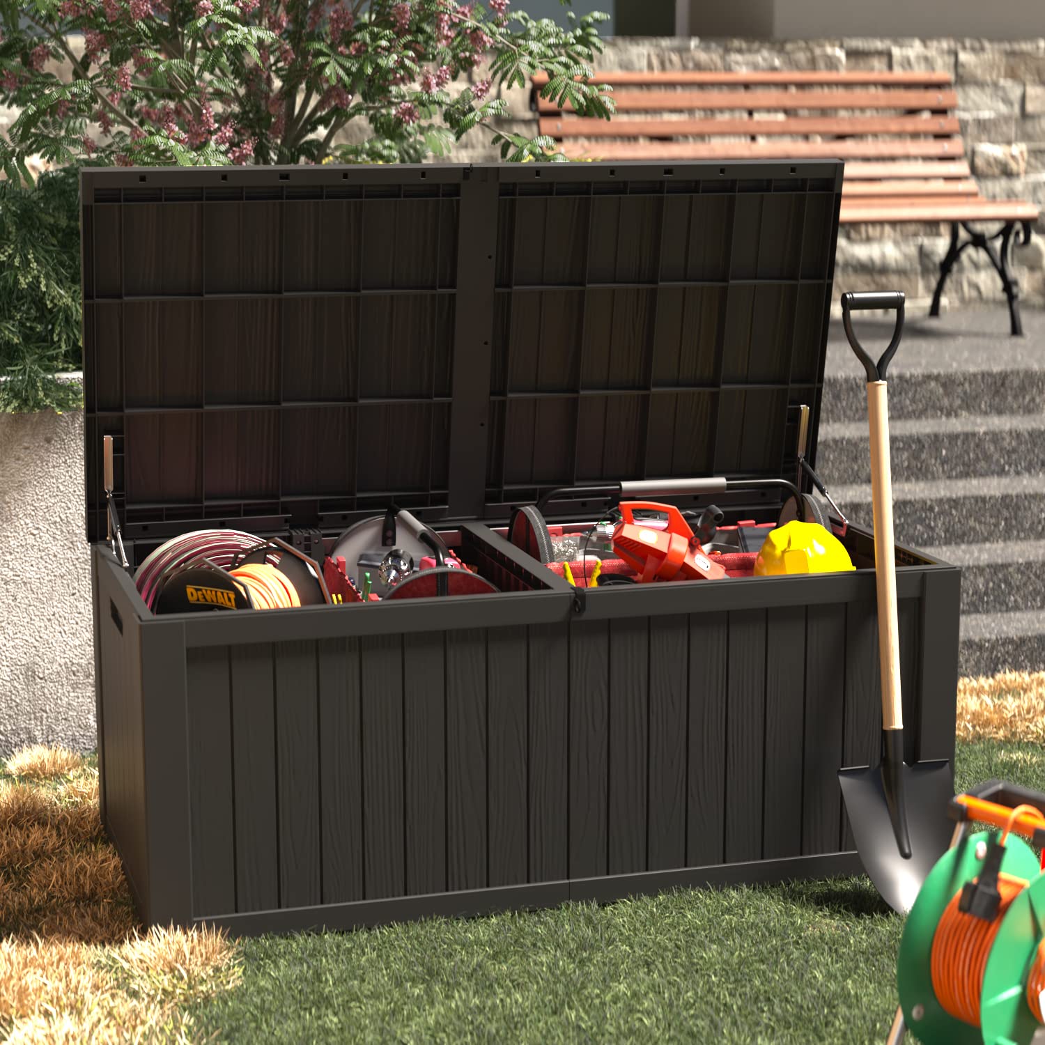 Greesum 150 Gallon Resin Deck Box Large Outdoor Storage for Patio Furniture, Garden Tools, Pool Supplies, Weatherproof and UV Resistant, Lockable, Black
