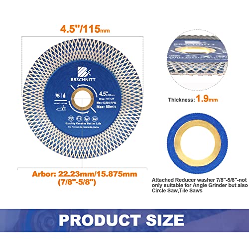 Diamond Porcelain Tile Saw Blade - BRSCHNITT 2pcs 4.5" Super Thin Diamond Cutting Grinding Disc with X Teeth Arbor 7/8“-5/8“ for Ceramic Tiles,Granite,Marble Angle Grinder Circle Saw Blade