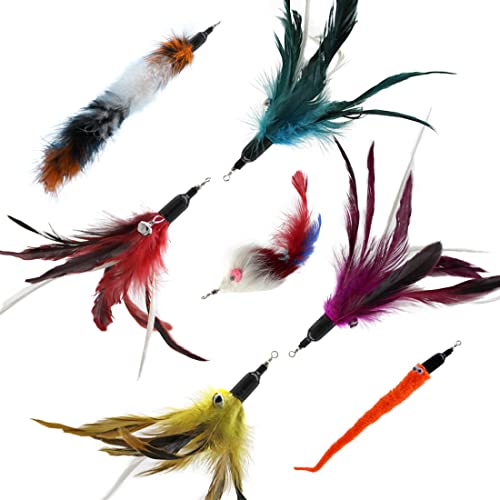 Vovamo 7Pcs Cat Feather Toys Replacement Cat Toy Wand Refills,Cat Wand Soft Furry for Interactive Cat and Kitten,Teaser Refills with Bell for Indoor Cats Kitten