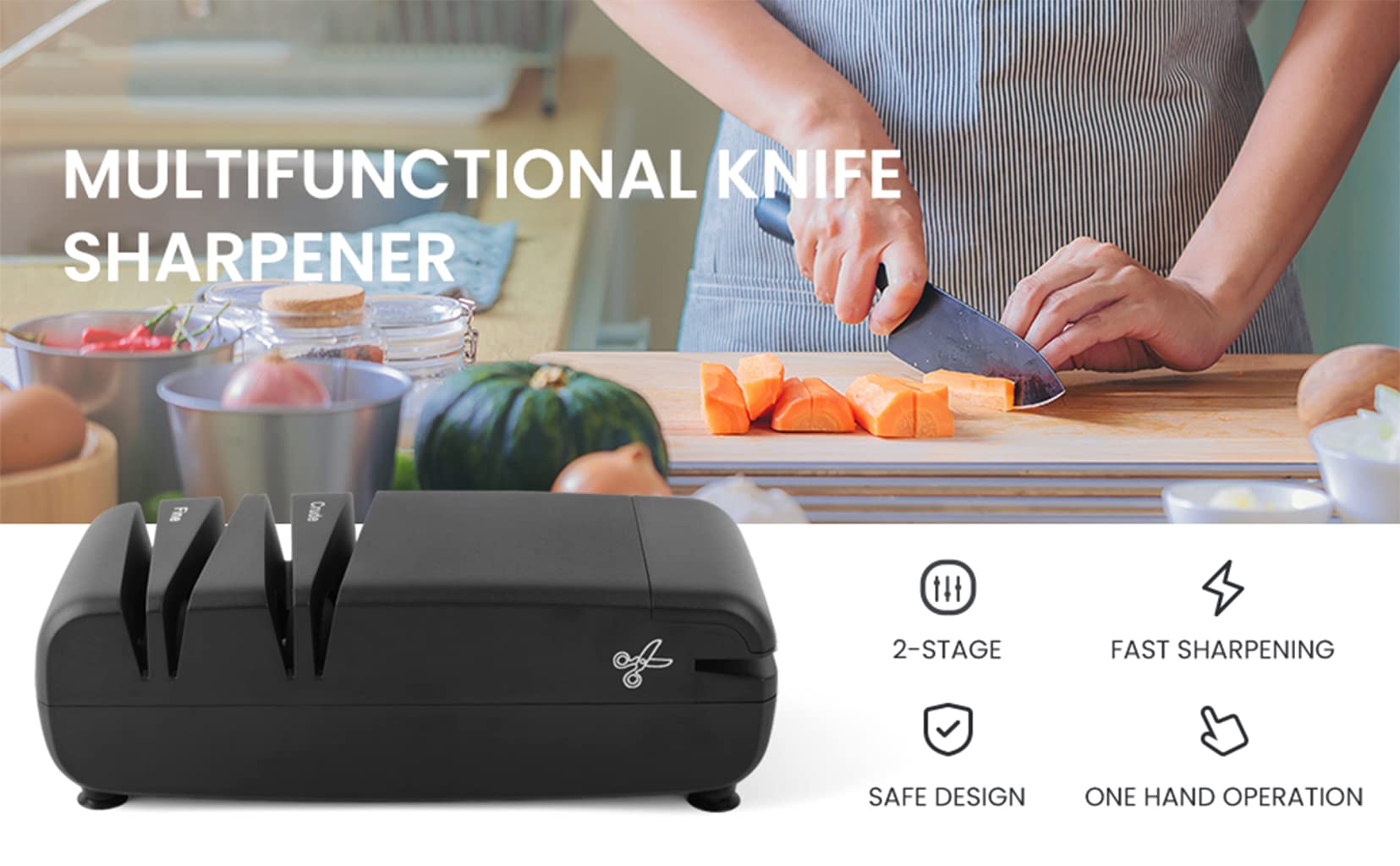 Electric Knife Sharpener, Quickly Sharp & Polish, Scissors Sharpening with 5 Bevel Groove, Come With 3 Replaceable Wheels