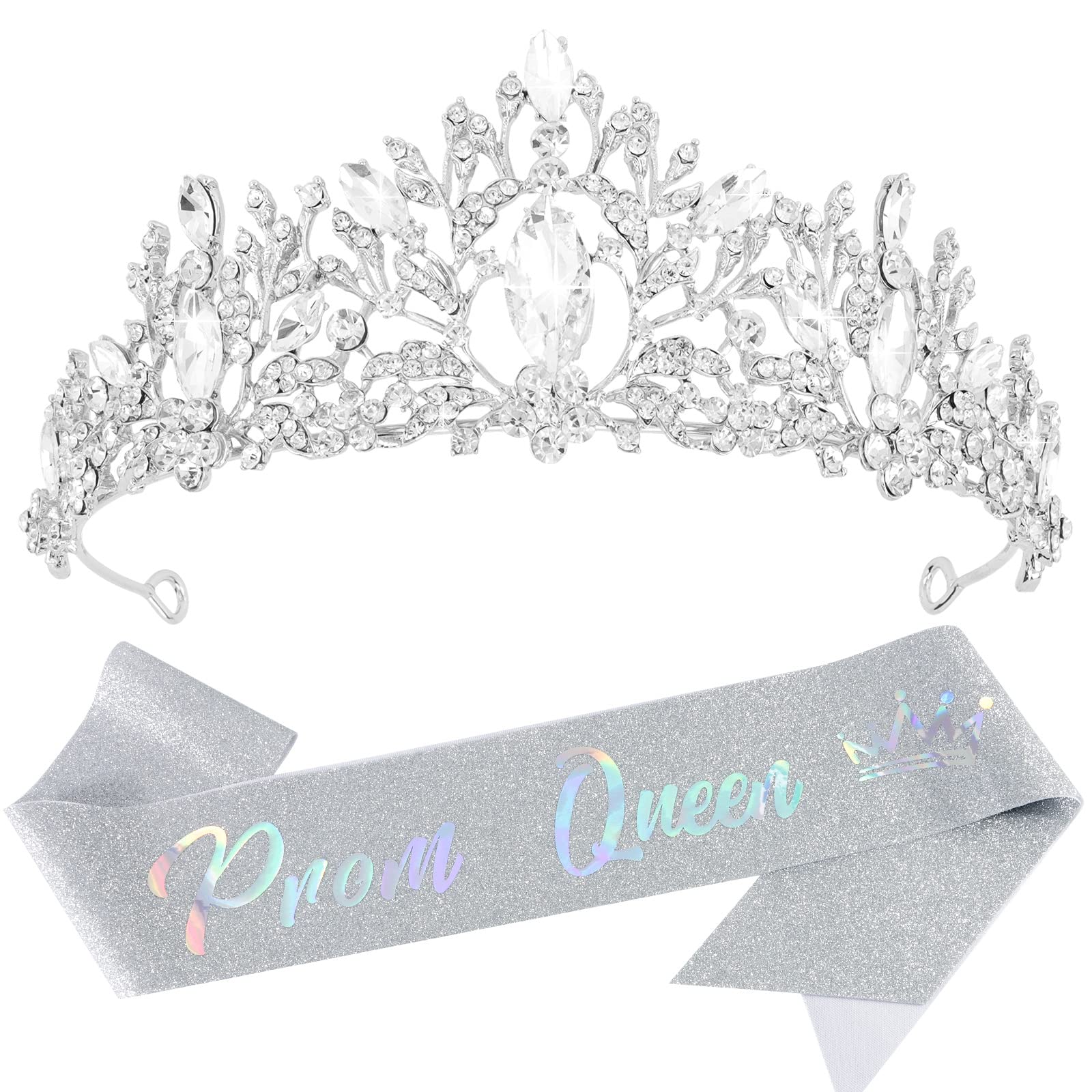 Velscrun Prom Queen Sash Silver Crowns Tiara Shiny Satin for Adults Halloween Cosplay Favors Prom Decorations for Party Prom Hair Accessories Graduation Party Decorations Graduation Party Supplies