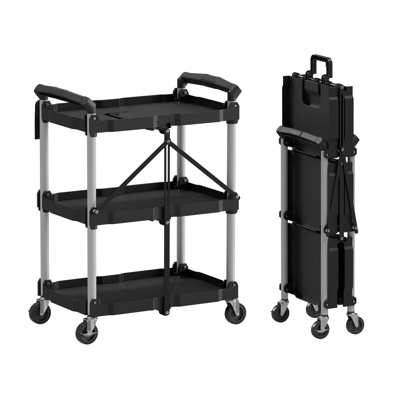 Kieperi Foldable Utility Cart Service Cart, 3 Shelf 200lbs Heavy Duty Plastic Rolling Cart with Lockable Wheels, Ergonomic Handle, Collapsible Metal Tool Cart for Office Home Garage (Black)
