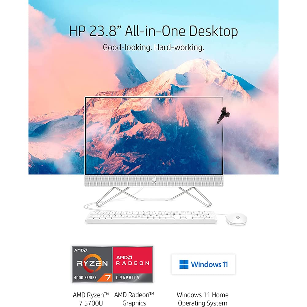 HP 318F1AA#ABA 24 inch All-in-One Desktop AMD Ryzen 7 5700U, 16 GB RAM, 256 GB SSD & 1TB Hard Drive Bundle with Microsoft 365 Personal 15 Month Subscription