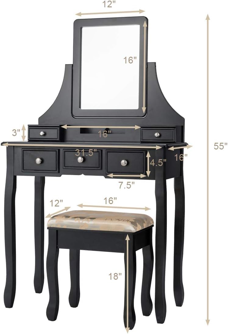 COSTWAY Vanity Desk Set with Mirror, Vanity Desk and Cushioned Stool Set with 5 Storage Drawers, Makeup Dressing Table for Bedroom Women Girls (Black)