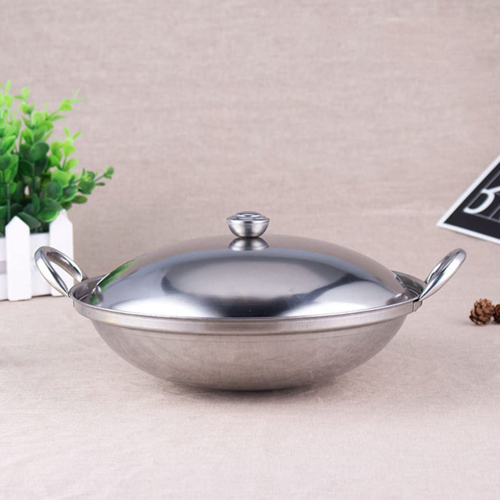 Hemoton 1 Set Stoves Wok Pan Stainless Steel Chinese Fry Pan with Lid Double Handle Cooking Skillet Pot Kitchen Cookware for Home Outdoor Picnic 22cm