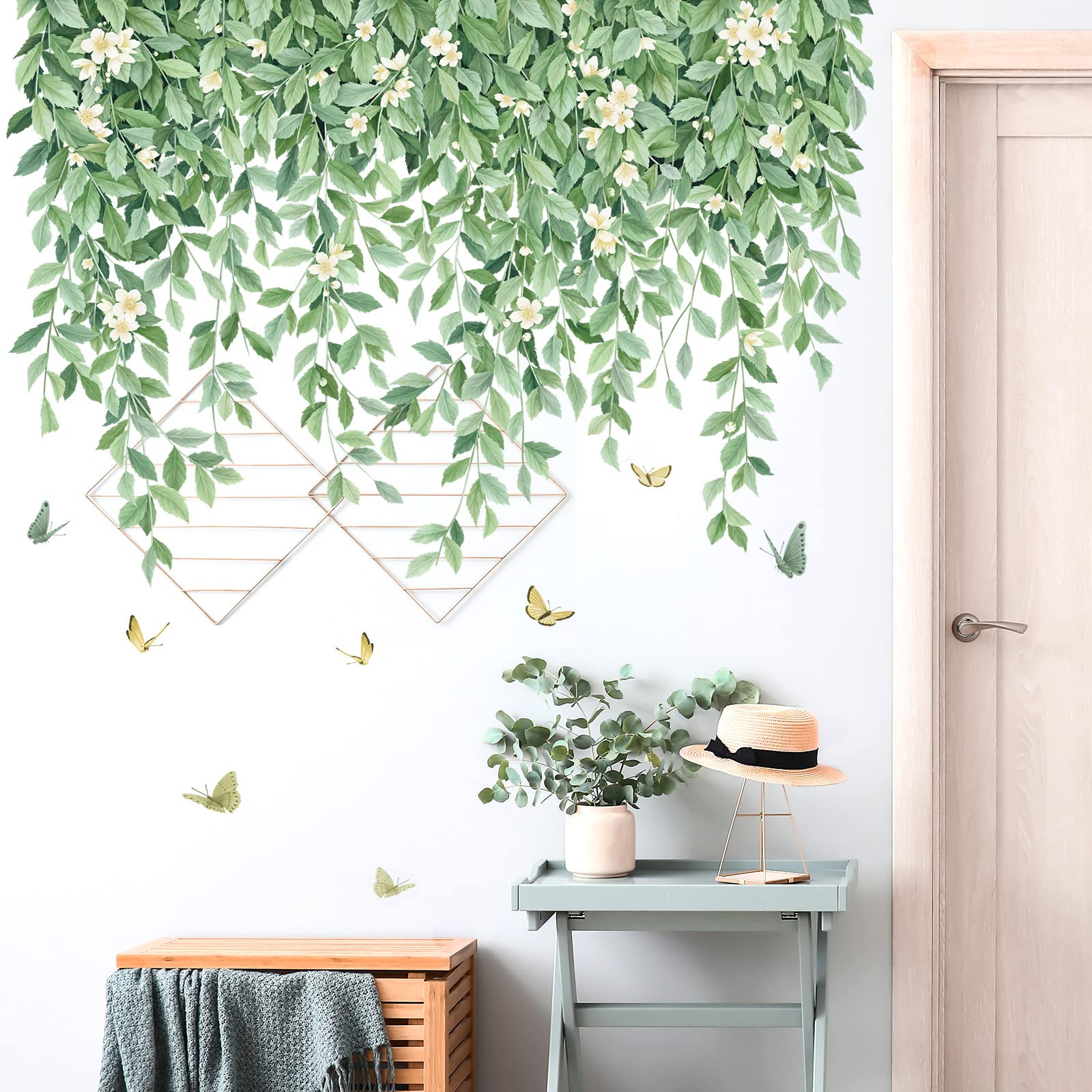 Green Leaves Wall Sticker Hanging Vine Wall Decals Watercolor Eucalyptus Leaf Wall Stickers Removable DIY Flowers Wall Decal for Living Room Bedroom