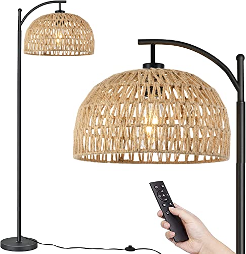 QIYIZM Floor Lamp for Living Room Bedroom Farmhouse Rattan Standing Lamp with Control,Wicker Black Industrial Dimmable Floor Light Rustic Adjustable Tall Lamp,Boho Bamboo Lamp Shade Floor Lamps