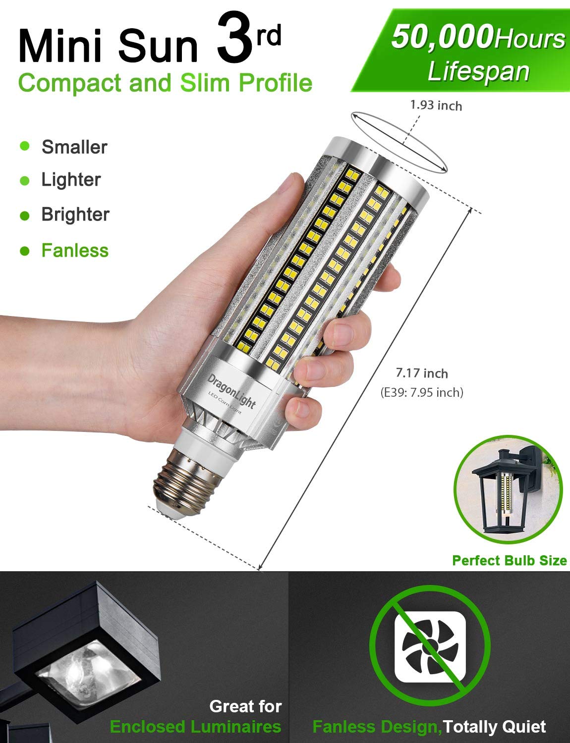 DragonLight 35W Corn LED Light Bulb Fanless (300 Watt Equivalent) E26/E39 Large Mogul Base LED Lamp 3000K Warm White 4,200LM