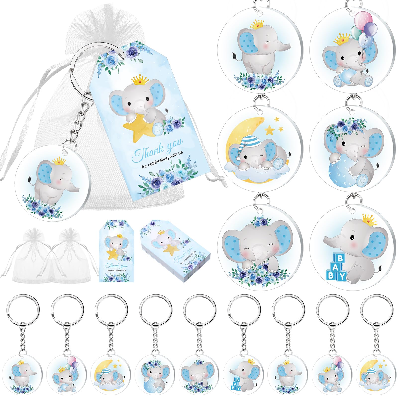 Kigeli 36 Set elephant baby shower favors Elephant Acrylic Keychains Elephant Party Return Gifts for Guests Thank You Tags for Gender Reveal