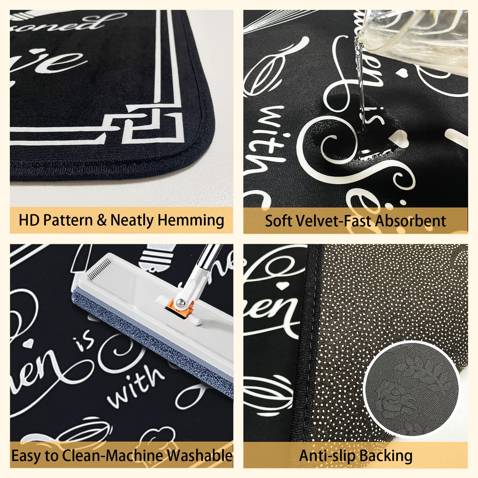 Voanos Black and White Kitchen Rugs,Non Skid Washable Microfiber mats for Kitchen Floor, Kitchen Rules Theme Kitchen Cushioned Runner Rug Decor Sets of 2,Size 17"x 47"+17"x 30"