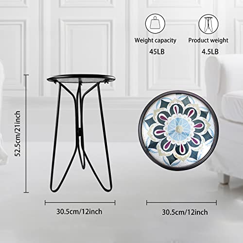 LIFFY Outdoor Side Tables, 12" Weather Resistant Metal & Glass Patio Accent Side Table, Indoor Small Round Home Decorative End Table, Plant Stands Table Outside, for Yard Balcony Garden Bedside