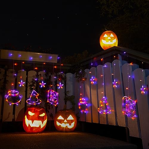 LOLStar Halloween String Lights, Halloween Window Decorations Orange Purple Spellbook, Witch Hat and Cauldron 183 LEDs Indoor Hanging Curtain Lights, Remote 8 Flashing Modes Timer Function