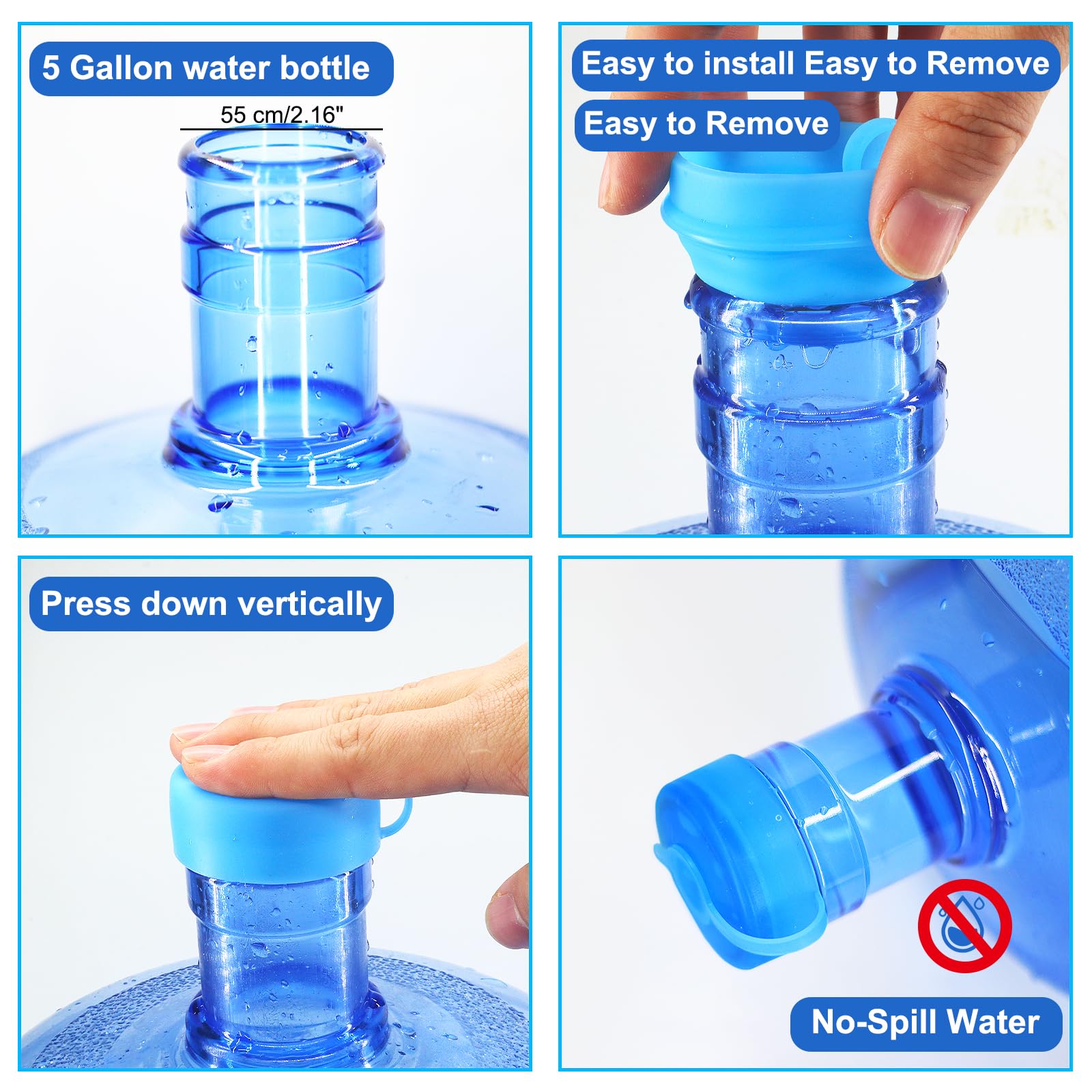 Myvision 3 and 5 Gallon Water Dispenser Caps, 5 Gallon Water Jug Cap, 5 Gallon Water Bottle Cap,Silicone Reusable Replacement Cap, Non Spill Bottle Caps for 2.1in/55mm Water Bottle-4 Pack