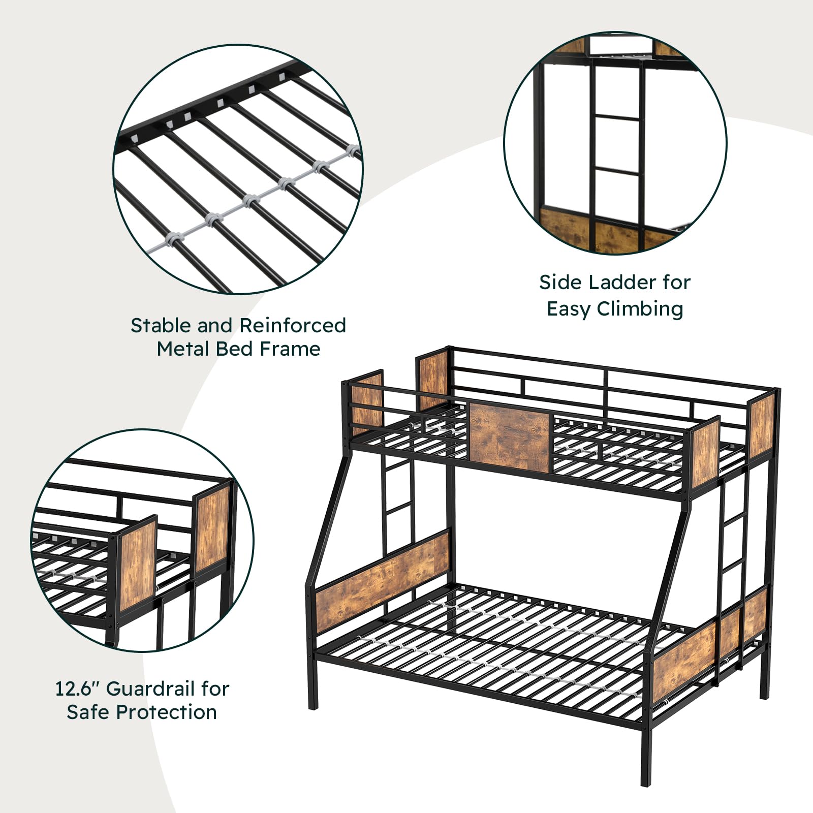 Kiivakii Metal Bunk Bed Twin Over Full with Side Ladders, Twin Over Full Bunk Bed with Sturdy Frame Supports, No Noise, Black and Brown