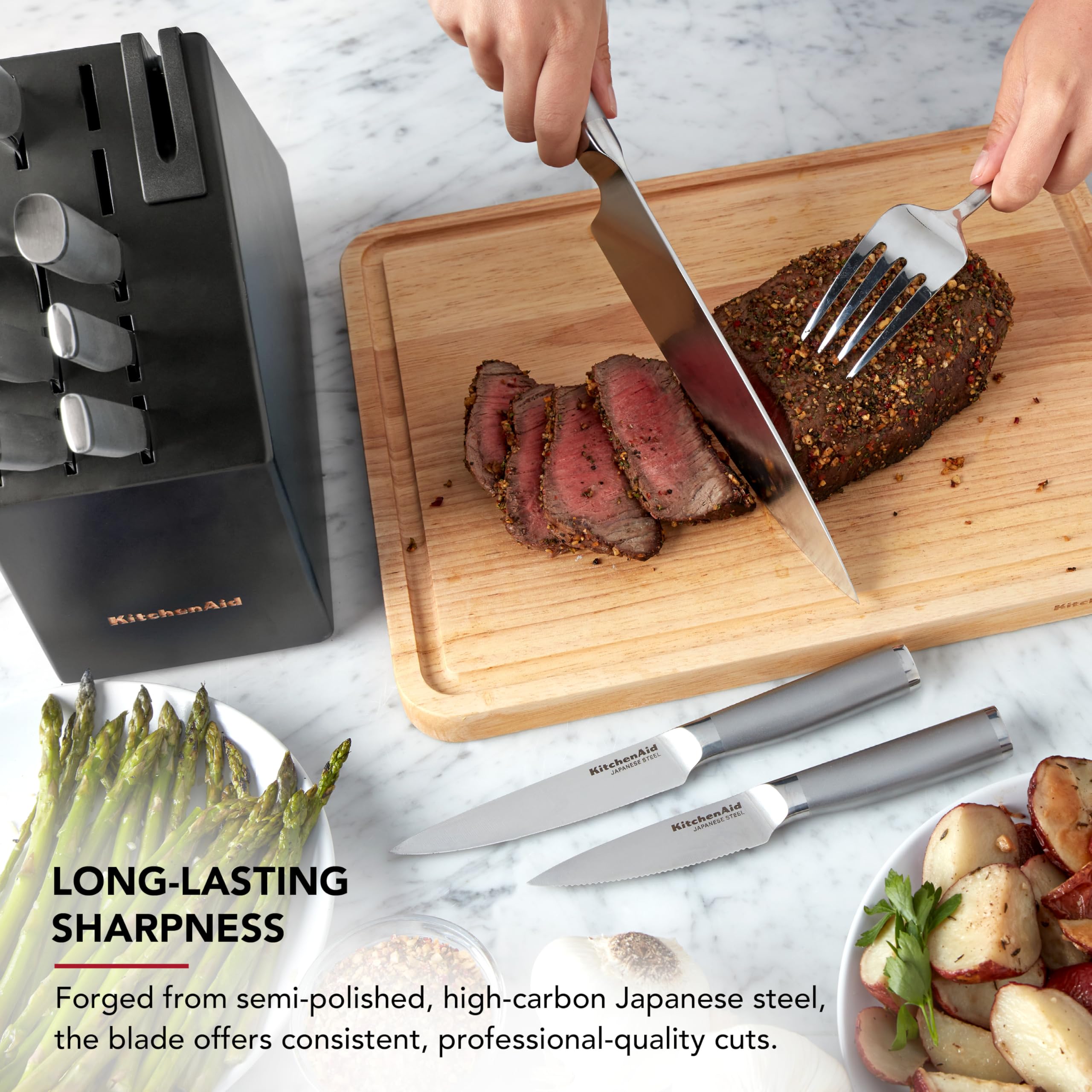 KitchenAid Gourmet Knife Block Set with Built-in Sharpener, Textured Stainless Steel Handles, 15-Piece
