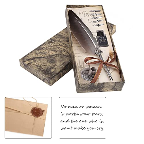 Restokki Feather Pen and Ink Bottle Set, Feather Pen Calligraphy Set, Stationery Gift Box with 5 Nibs Pen Stand Base, Luxury Vintage Signature Pen(Black)