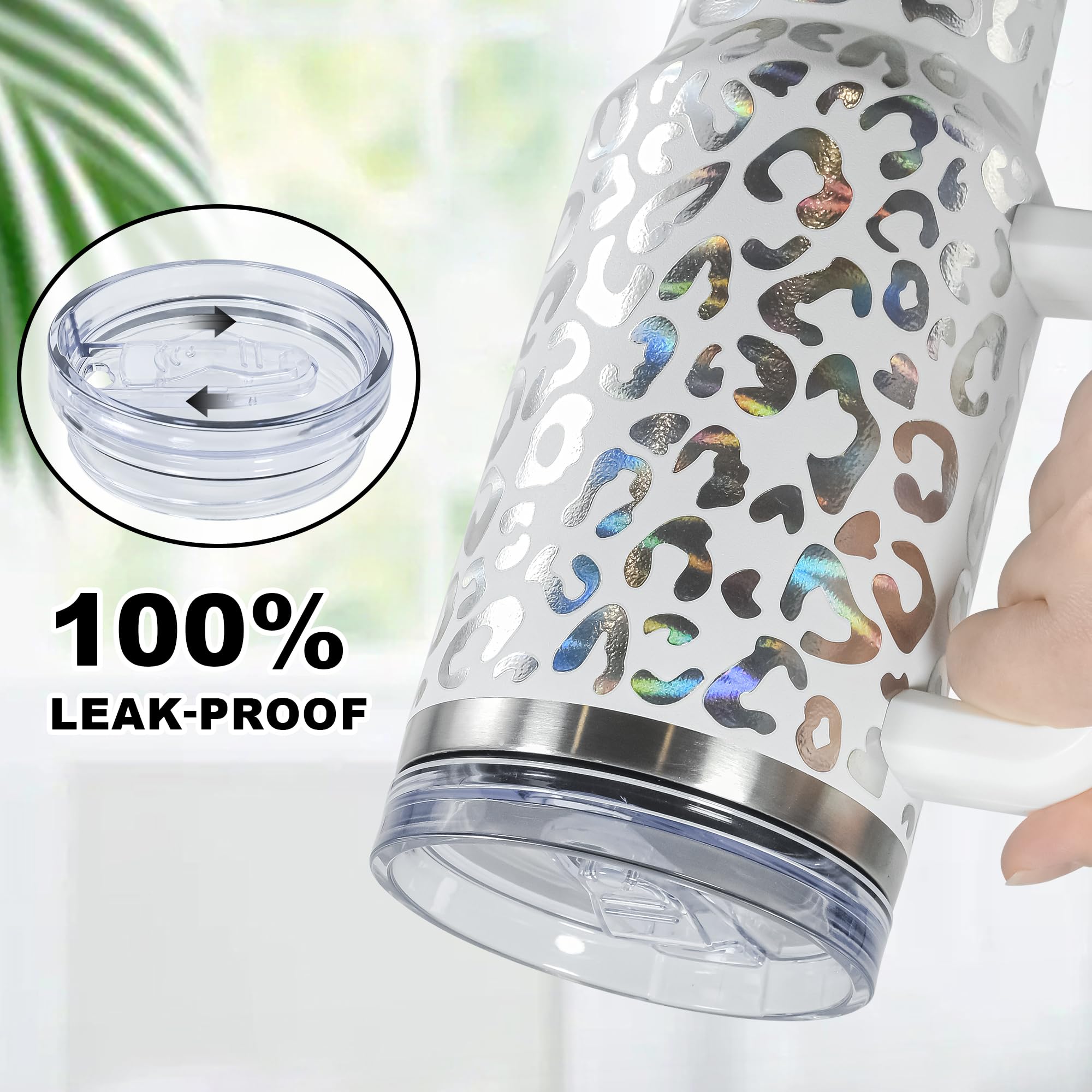 FECBK 40 oz Tumbler with Handle and Straw, 100% Leak-Proof Travel Mug, Stainless Steel Double Wall Vacuum Insulated Coffee Cup Keeps Cold For 34 Hours, Dishwasher Safe, BPA Free, Black Leopard
